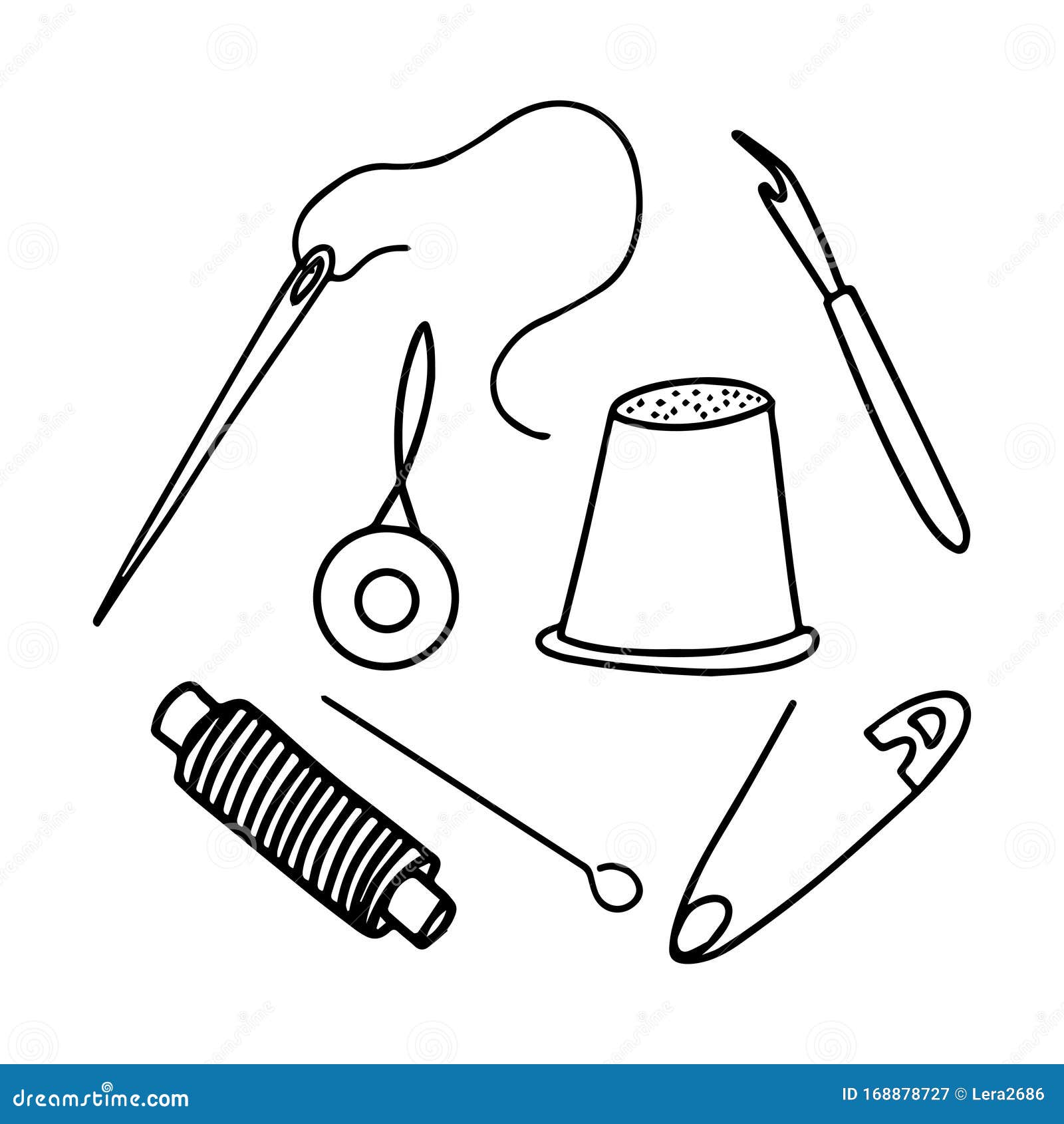 Set of Elements on the Theme of Needlework. Black and White Vector ...