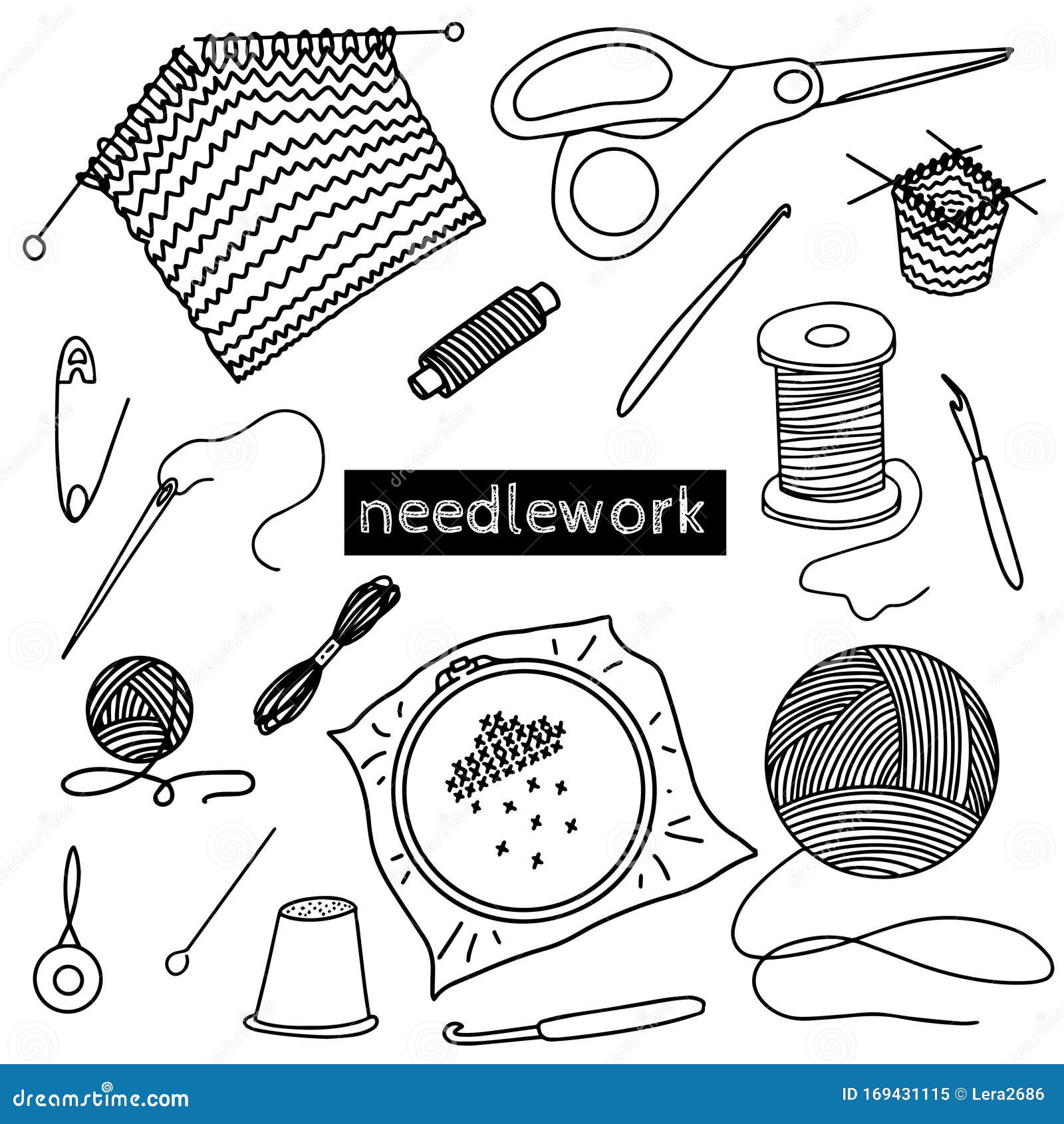 Set of Elements on the Theme of Needlework. Black and White Vector ...