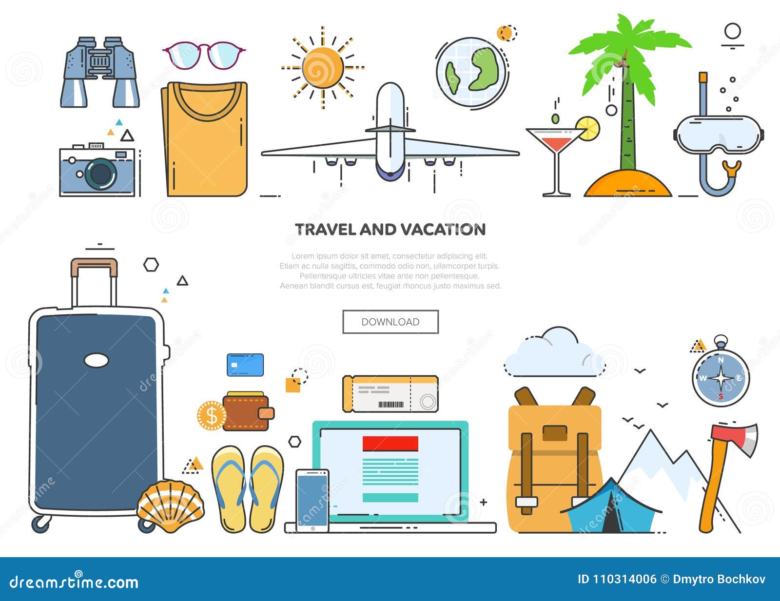 A Set of Elements for Travel and Vacations. Stock Vector - Illustration ...