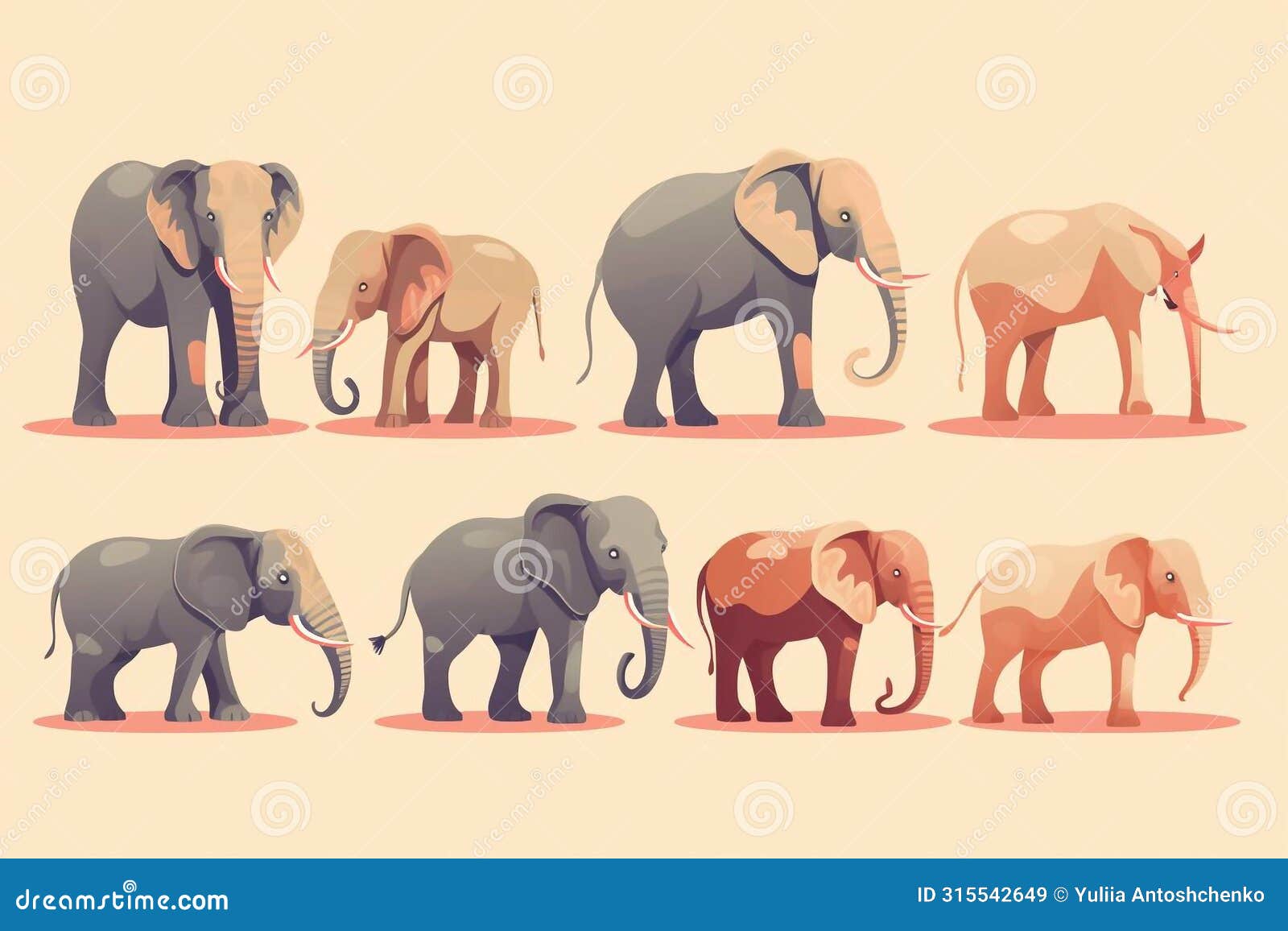 Set of Elephants in Cartoon Style Stock Illustration - Illustration of ...