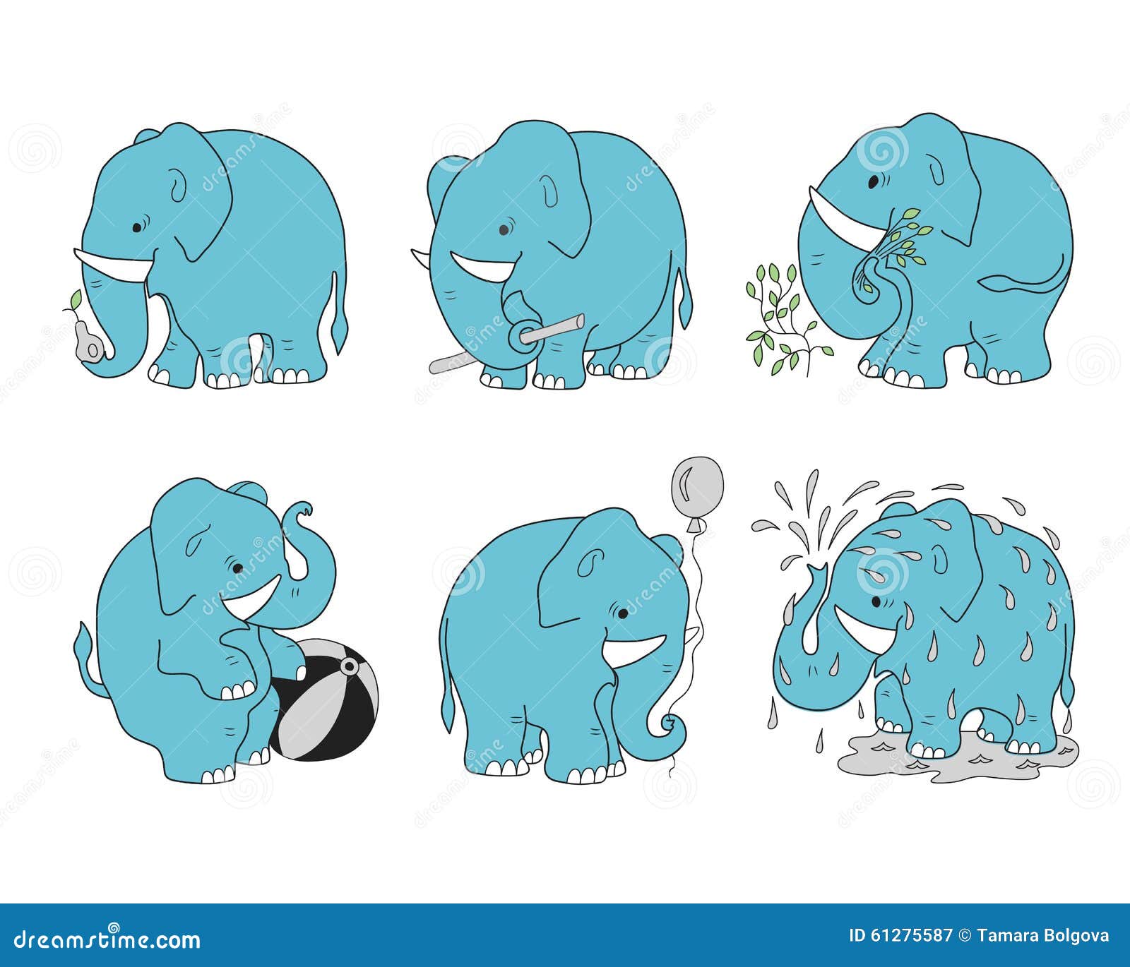 Set Of Elephants In Different Angles And Emotions In Cartoon Style ...