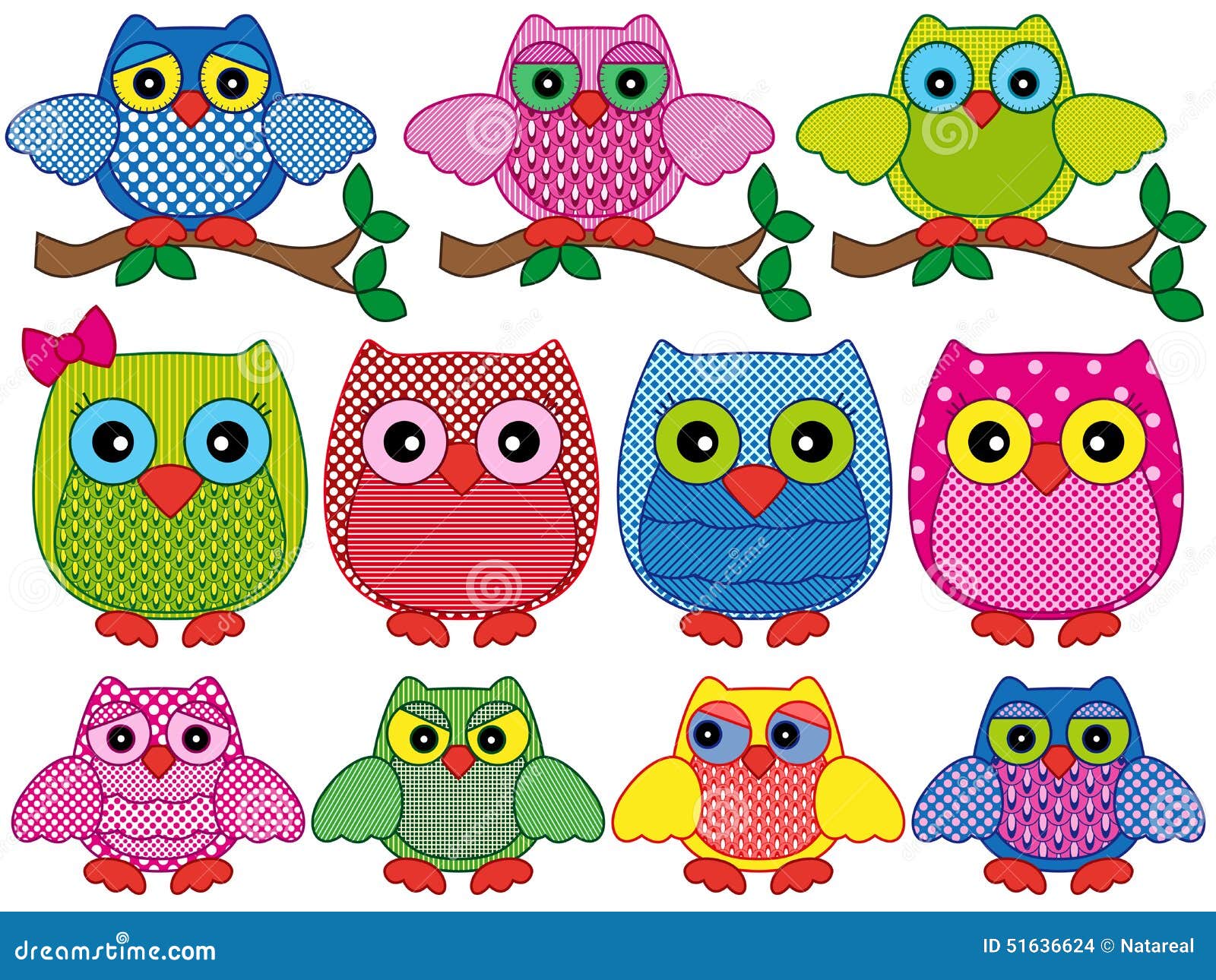 Set of Eleven Ornamental Cartoon Owls Stock Vector - Illustration of ...
