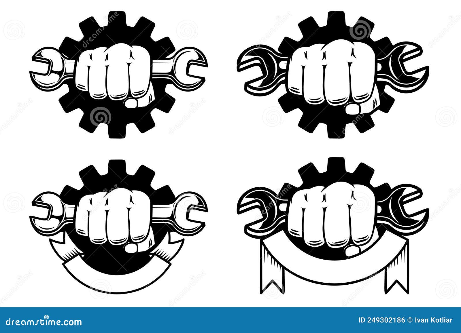 Set of Emblems with Human Hand with Wrench and Gear. Design Element for ...