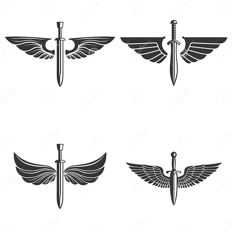 Set of Emblems with Medieval Sword and Wings. Design Element for Logo ...