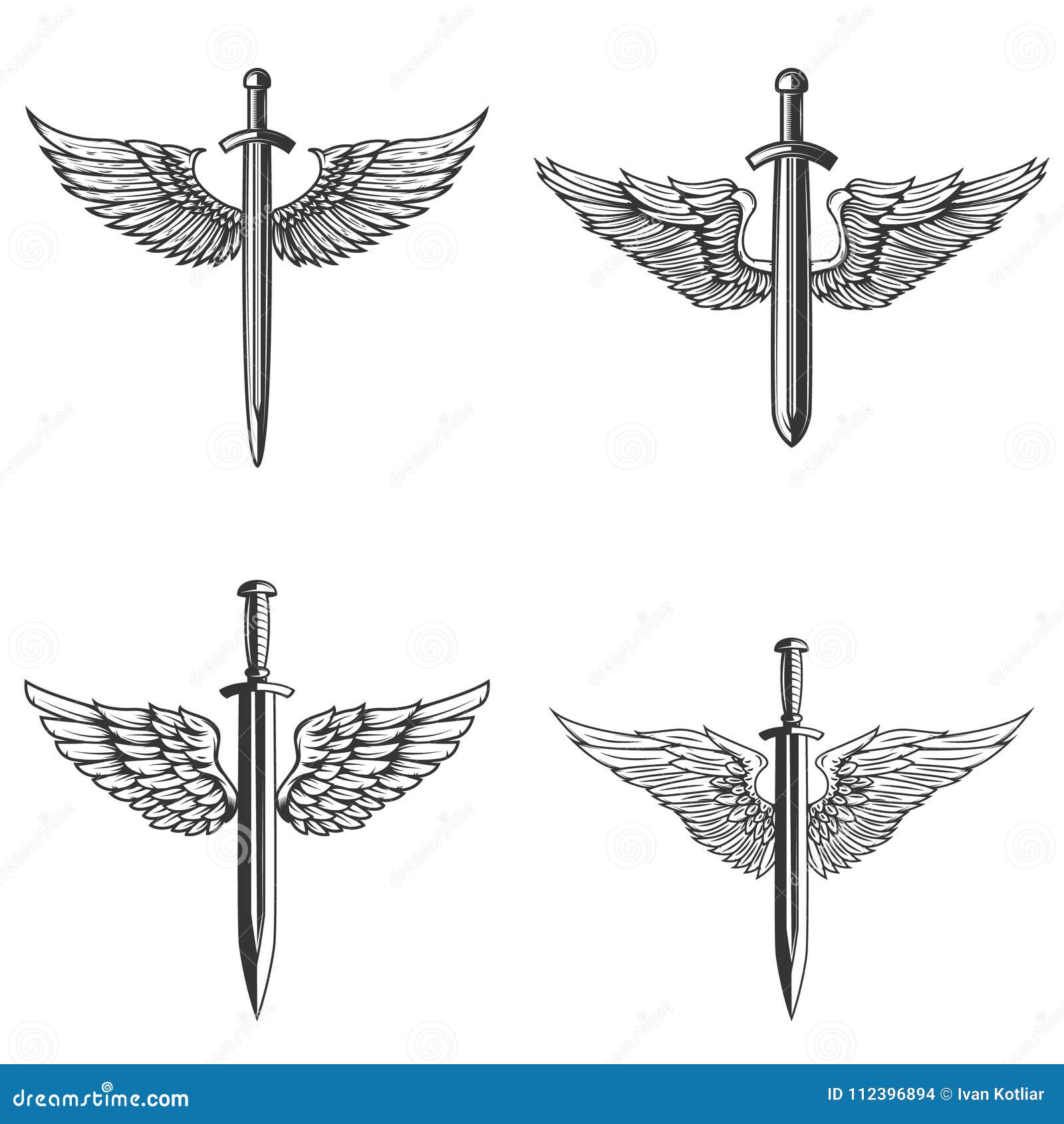 Set of Emblems with Medieval Sword and Wings. Design Element for Logo ...