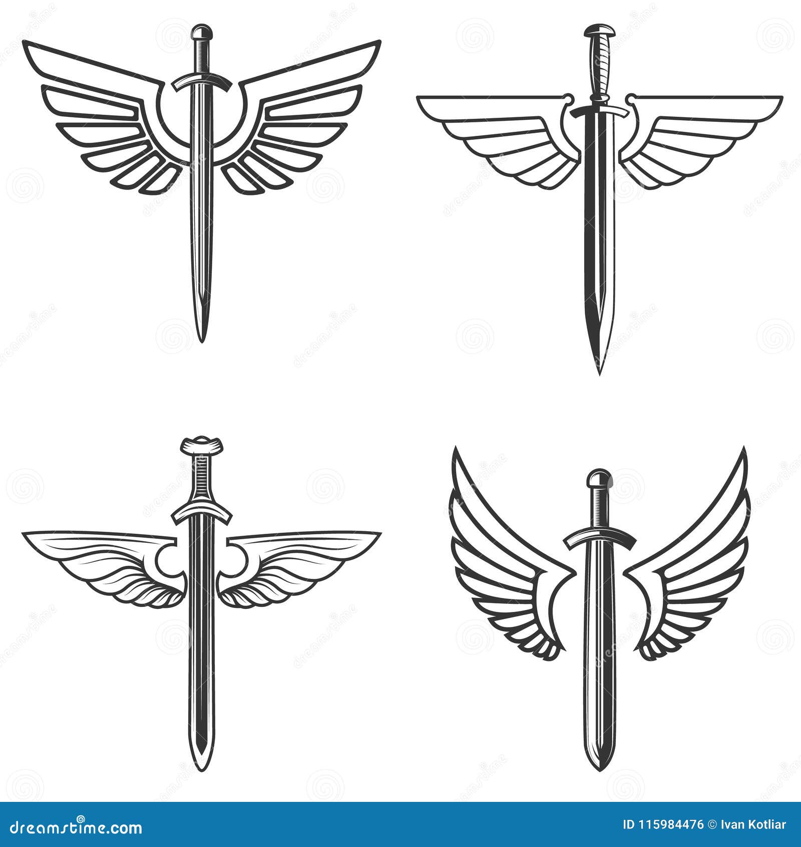 Set of Emblems with Medieval Sword and Wings. Design Element for Logo ...