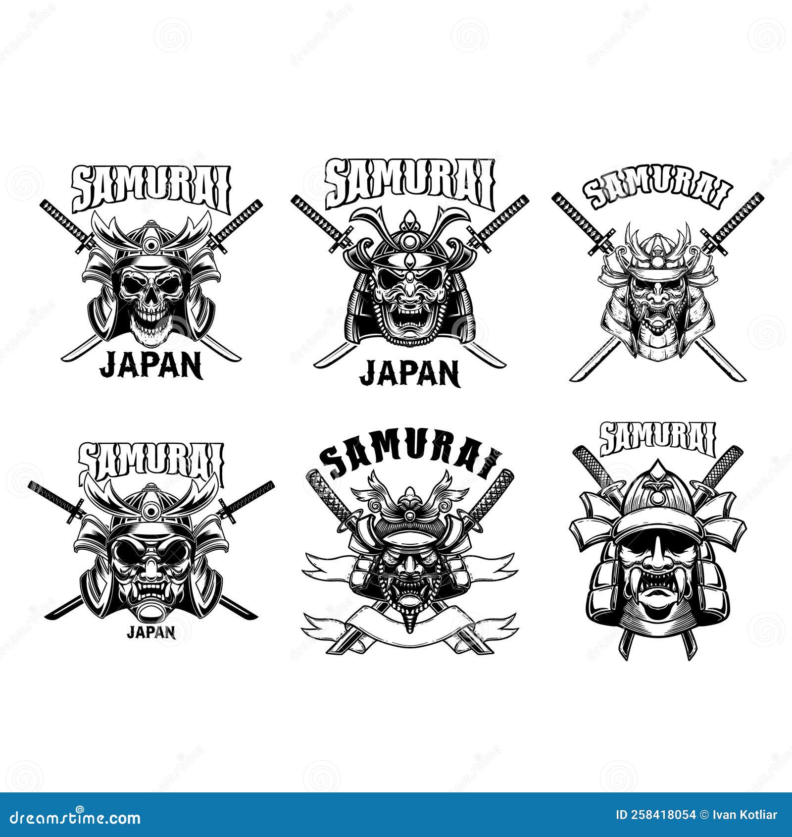 Set of Emblems with Samurai Helmets and Katana. Design Element for Logo ...