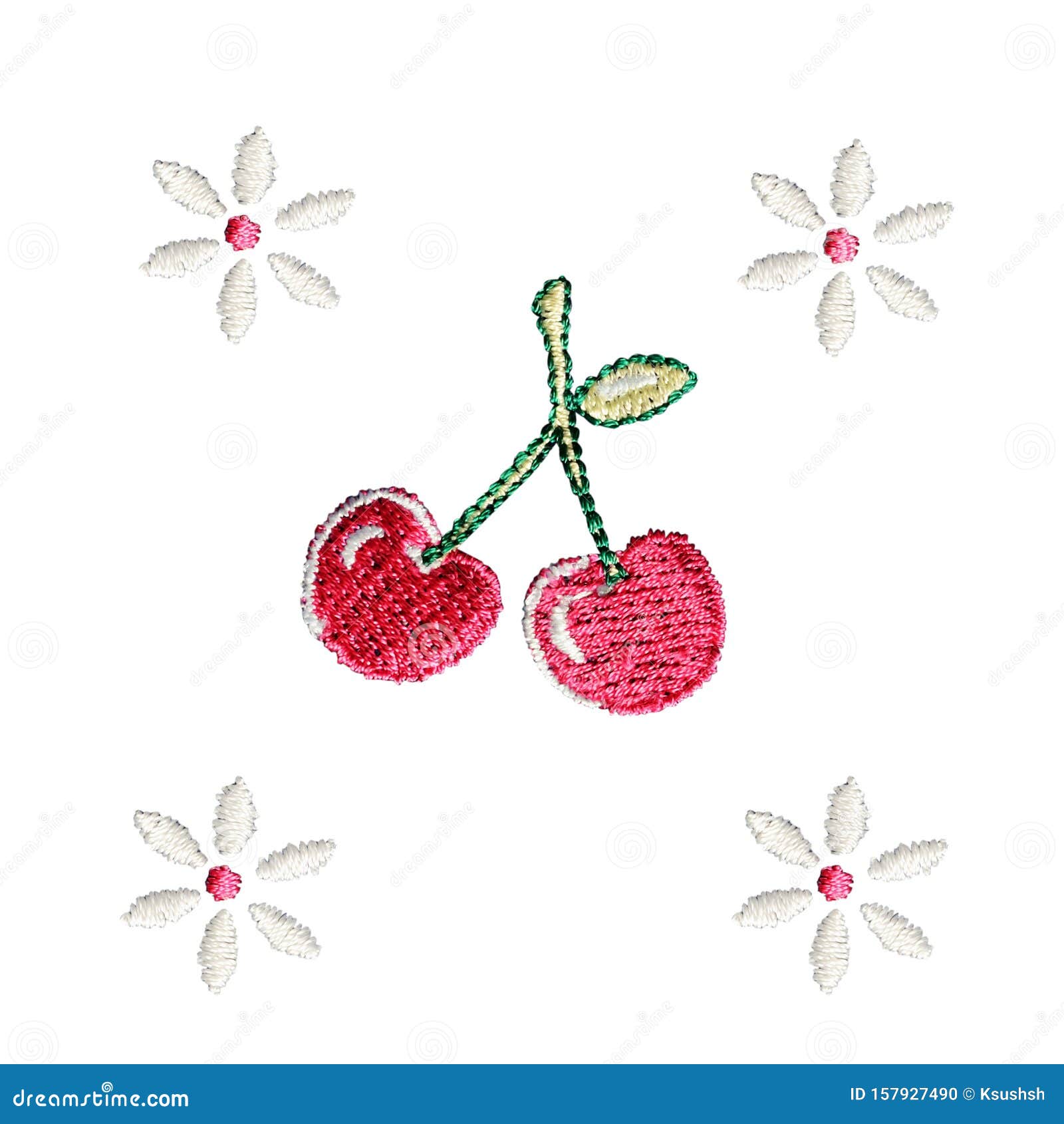Set of Embroidered Cherries and Flowers Stock Photo - Image of fashion ...
