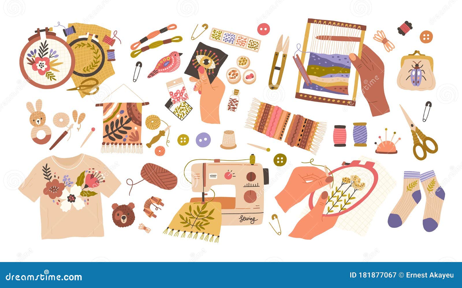 Set of Embroidery and Weaving Vector Flat Illustration. Collection of ...