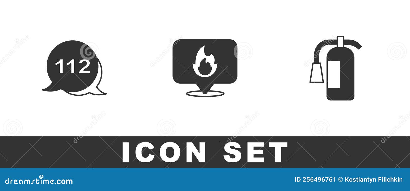 Set Emergency Call, Location with Fire Flame and Fire Extinguisher Icon ...