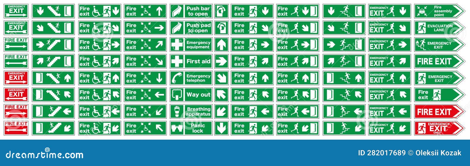 Set of Emergency Exit and Fire Exit Signs, Fire Gathering Place ...