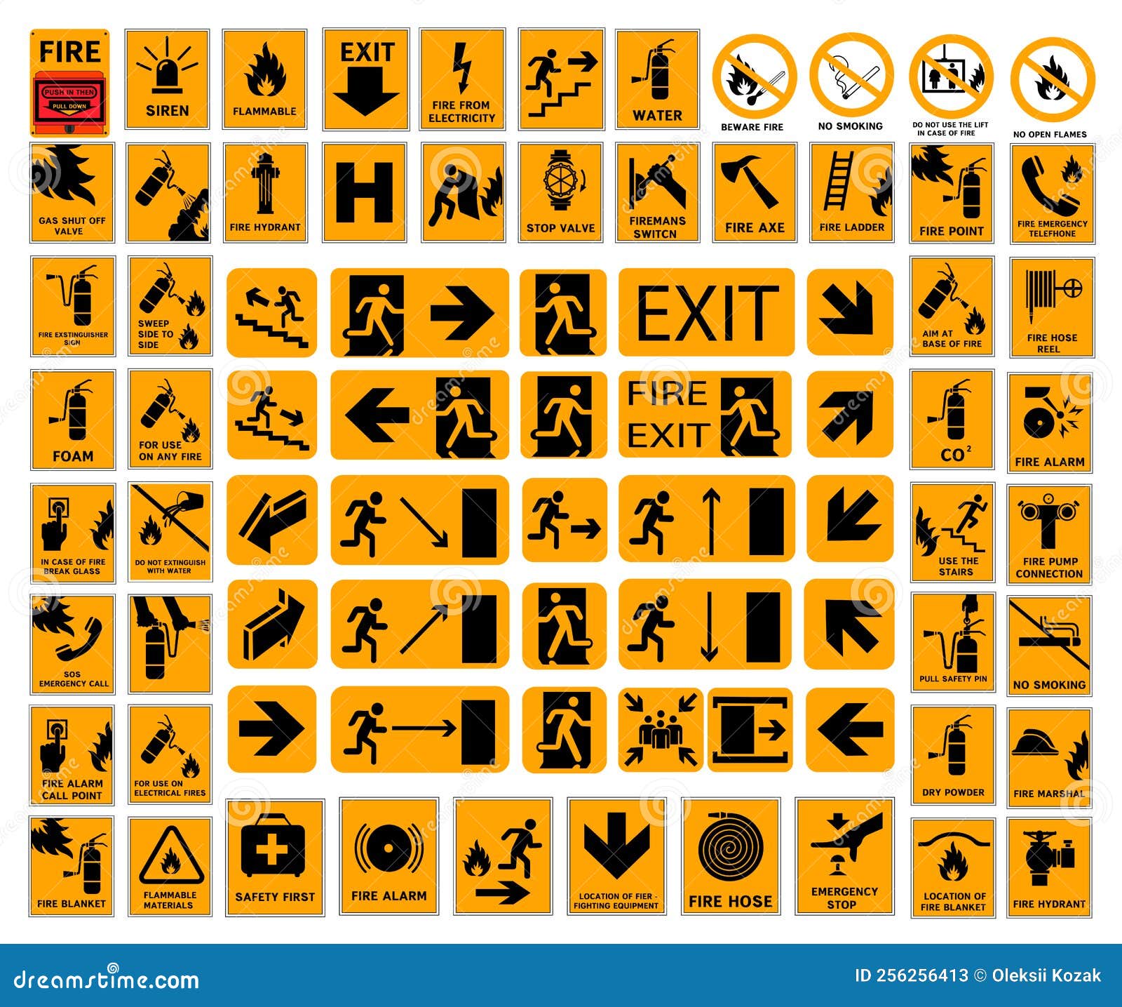 Set of Emergency Exit and Fire Safety Signs in Bright Orange Stock ...