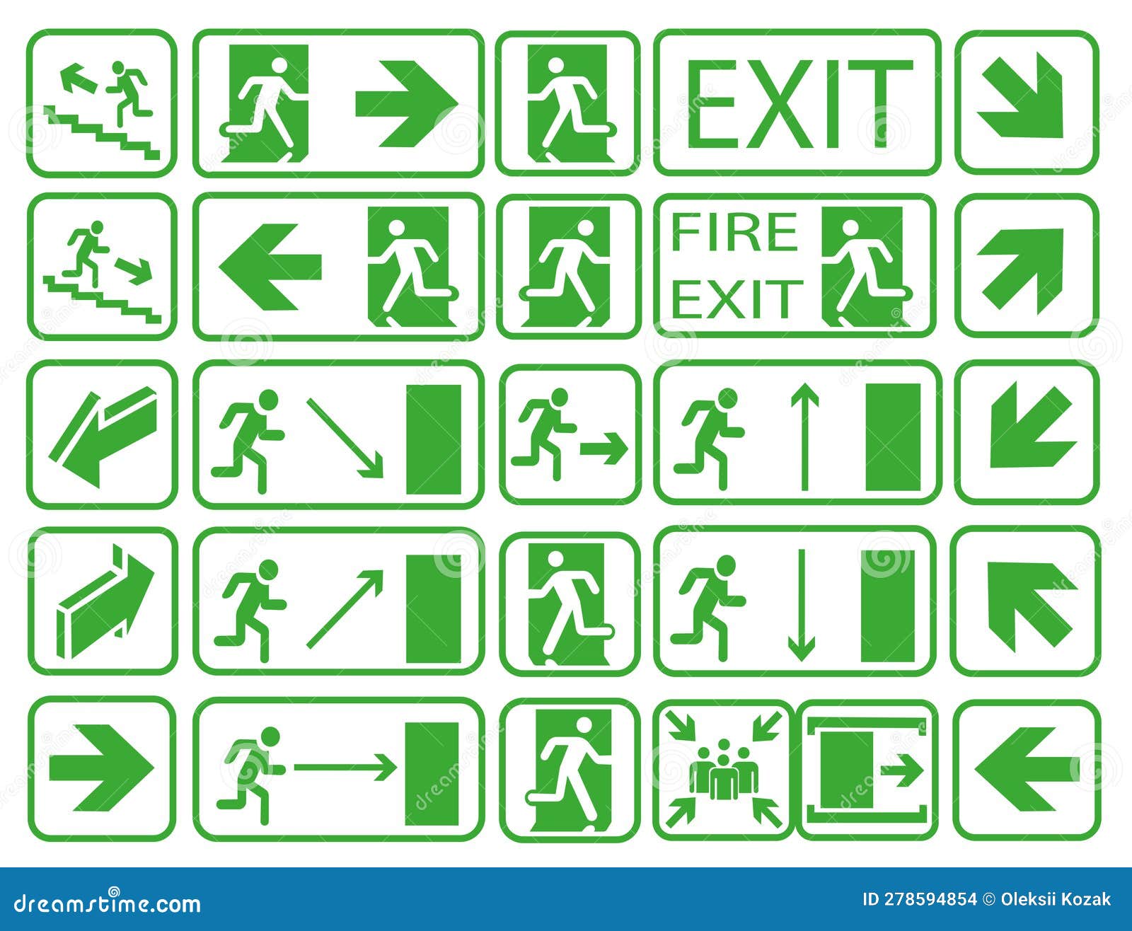 Set Of Emergency Exit And Fire Exit Signs, Assembly Point In Case Of ... Set Of Emergency Exit And Fire Exit Signs, Assembly Point In Case Of ...
