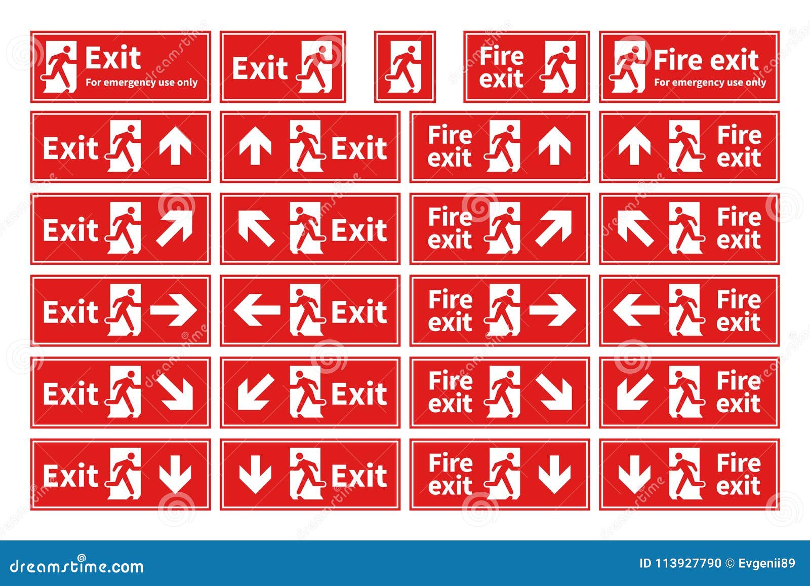 Set of Emergency Fire Exit Red Signs with Different Directions on White ...