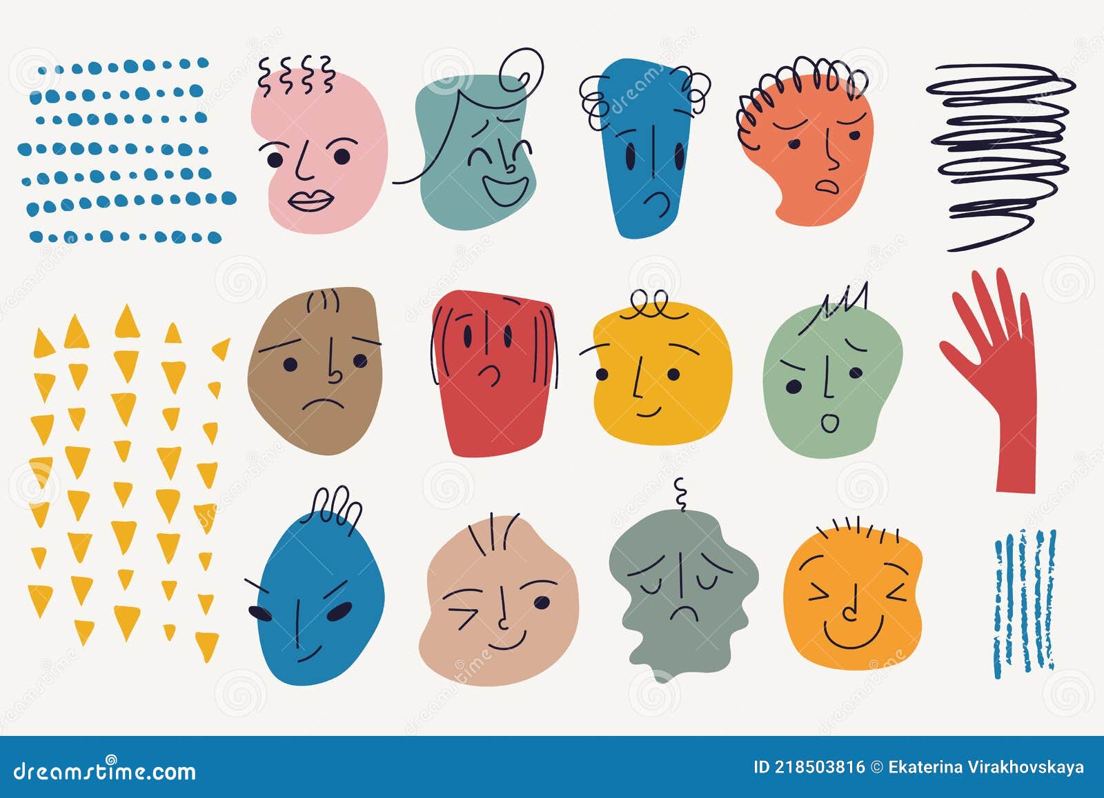 Set with Emotions and Decorative Elements. Abstract Drawn Faces Based ...