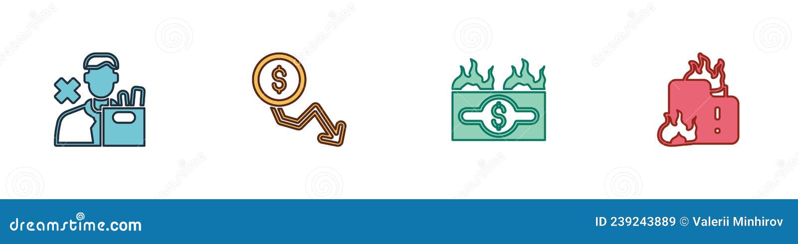 Set Employee Dismissal, Dollar Rate Decrease, Burning Dollar Bill and Fire Burning House Icon ...