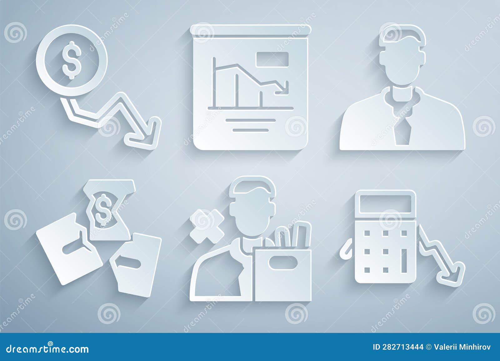 Set Employee Dismissal, Worker, Tearing Money Banknote, Calculation of Expenses, Pie Chart ...