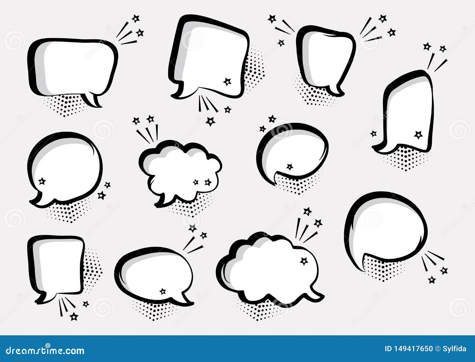 Set Of Empty Comic Speech Bubbles Different Shapes With Stars Comic Sound Effects In Pop Art