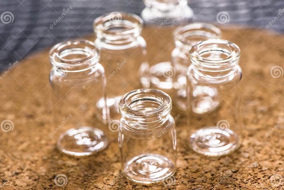 Set of Empty Little Bottles with Cork Background Stock Photo - Image of ...