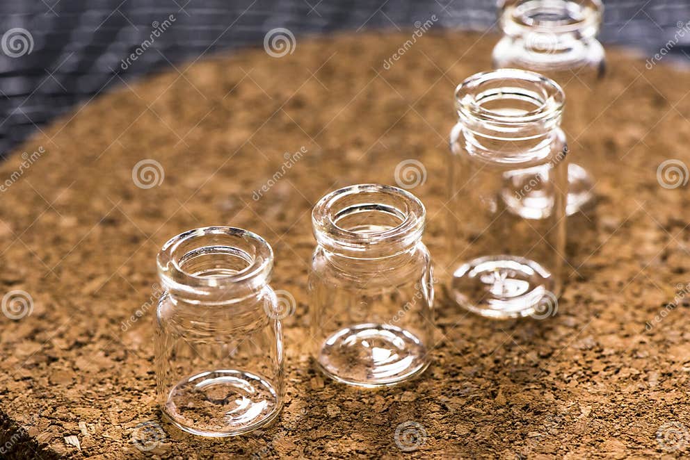 Set of Empty Little Bottles with Cork Background Stock Photo - Image of ...