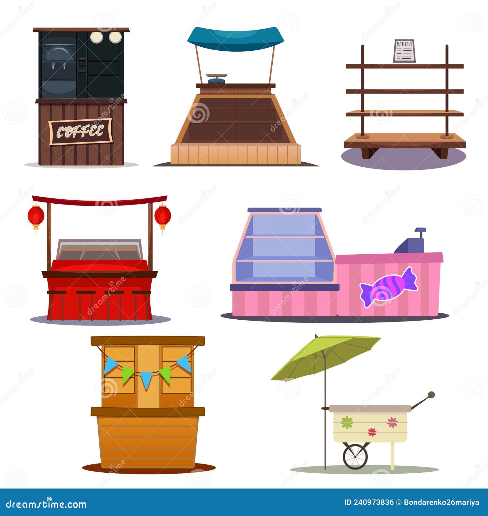 A Set of Empty Merchandise Counters. Colorful Different Counters Stock ...