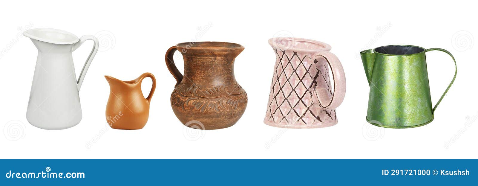 Set of Empty Metallic and Ceramic Jugs Isolated Stock Photo - Image of ...