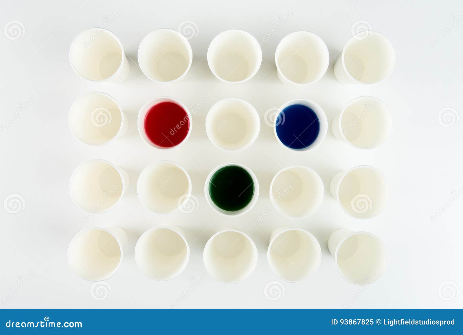 Set of Empty Plastic Cups and Cups with Red, Green and Blue Paints ...