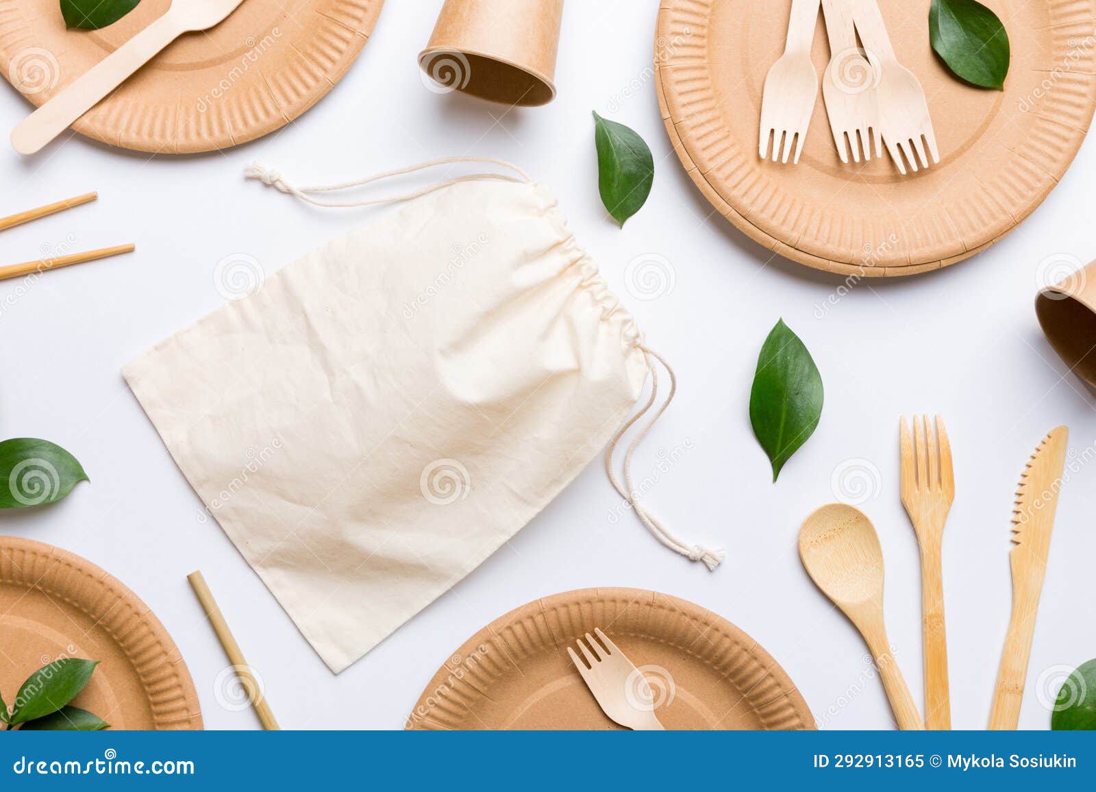 Set of Empty Reusable Disposable Eco-friendly Plates, Cups, Utensils on ...