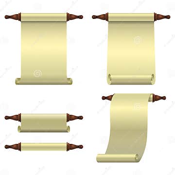 A Set of 3 Empty Scrolls Unfolded Vertically, One Rolled Up Scroll and ...