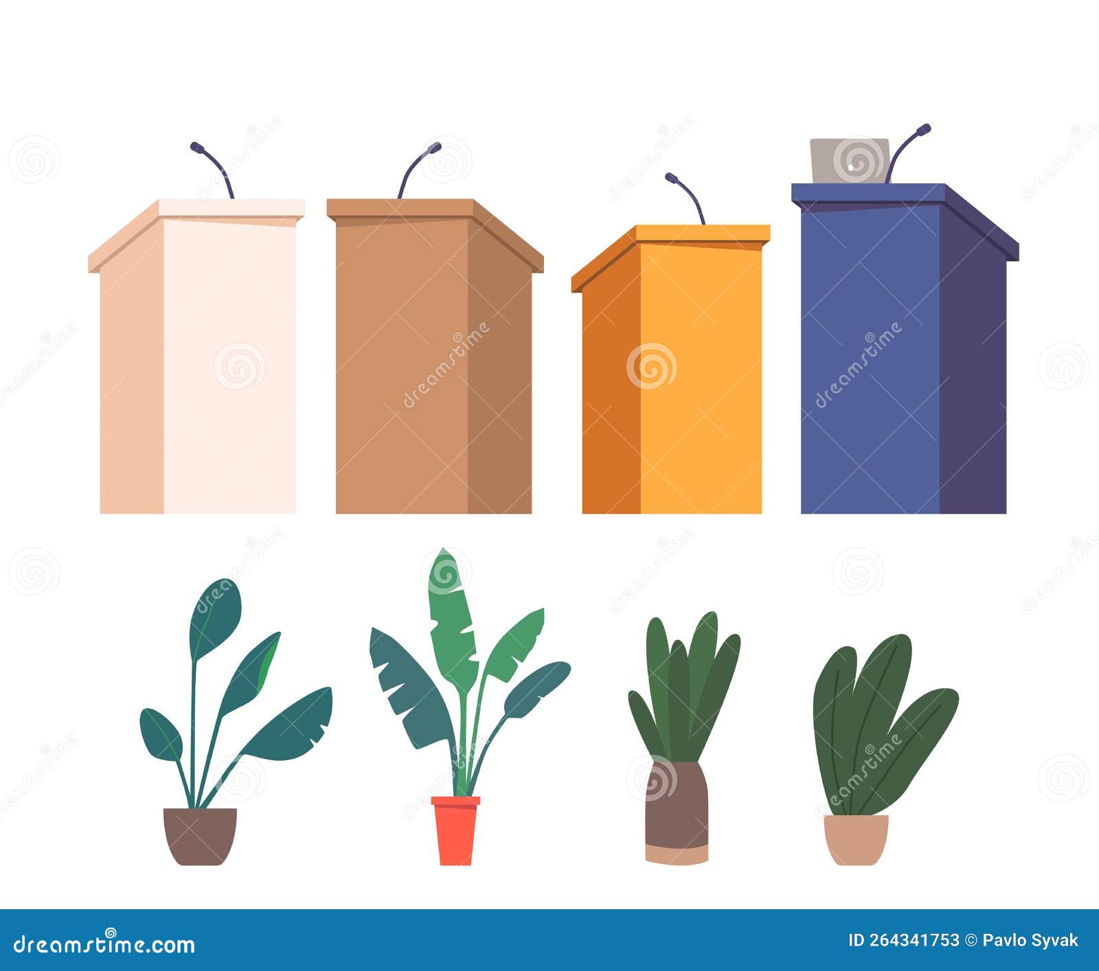 Set Empty Tribunes with Microphones, Laptop, Potted Plants Isolated ... Set Empty Tribunes with Microphones, Laptop, Potted Plants Isolated ...