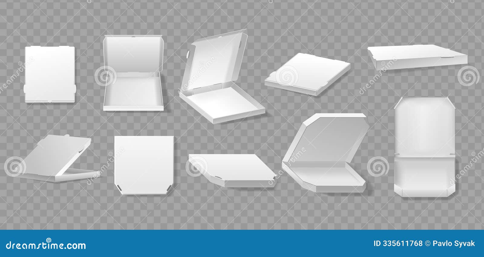 Set Of Empty White Pizza Boxes From Various Angles And Positions ...