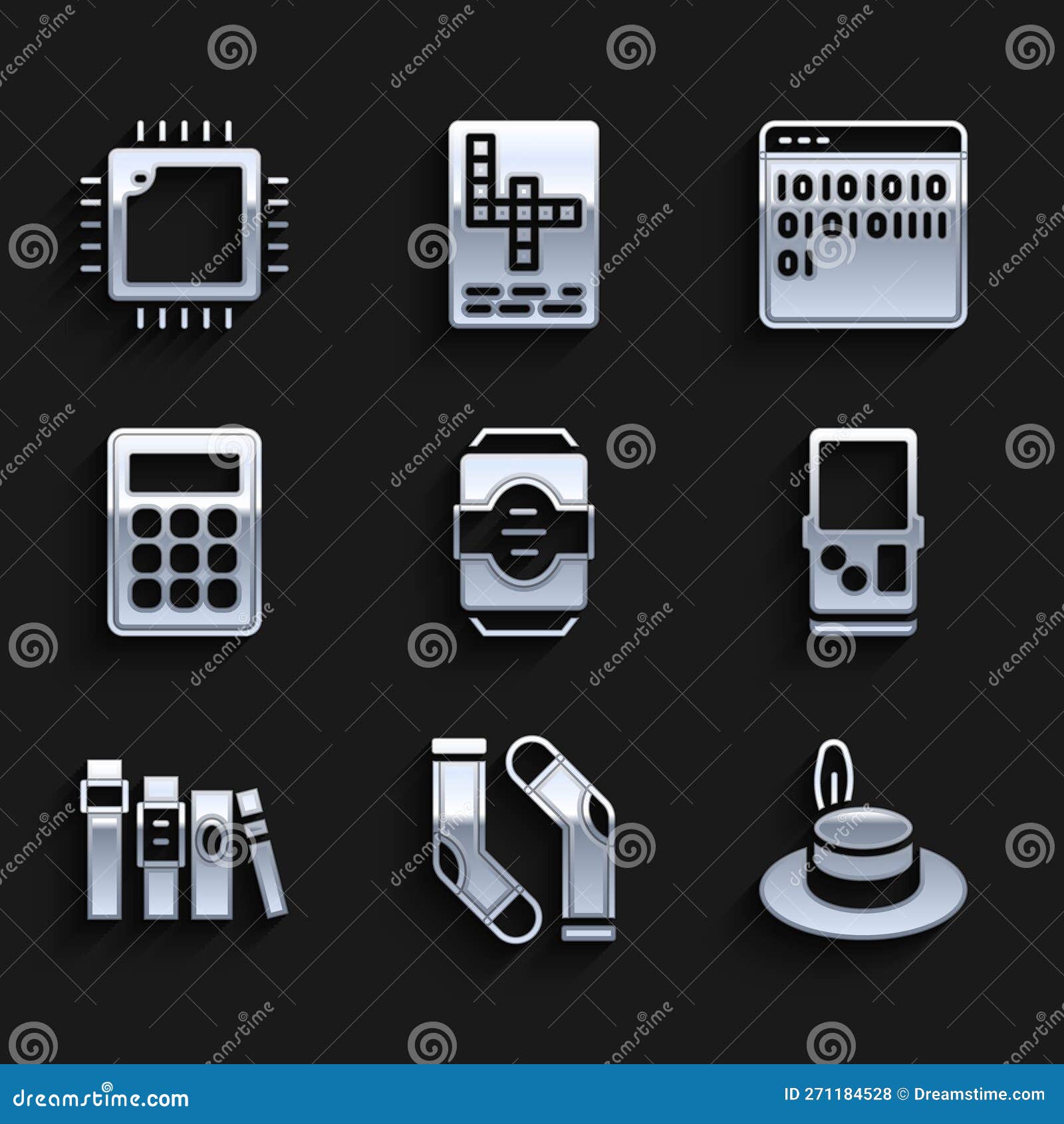 Set Energy Drink Socks Man Hat Tetris Book Calculator Binary Code And Processor With Cpu