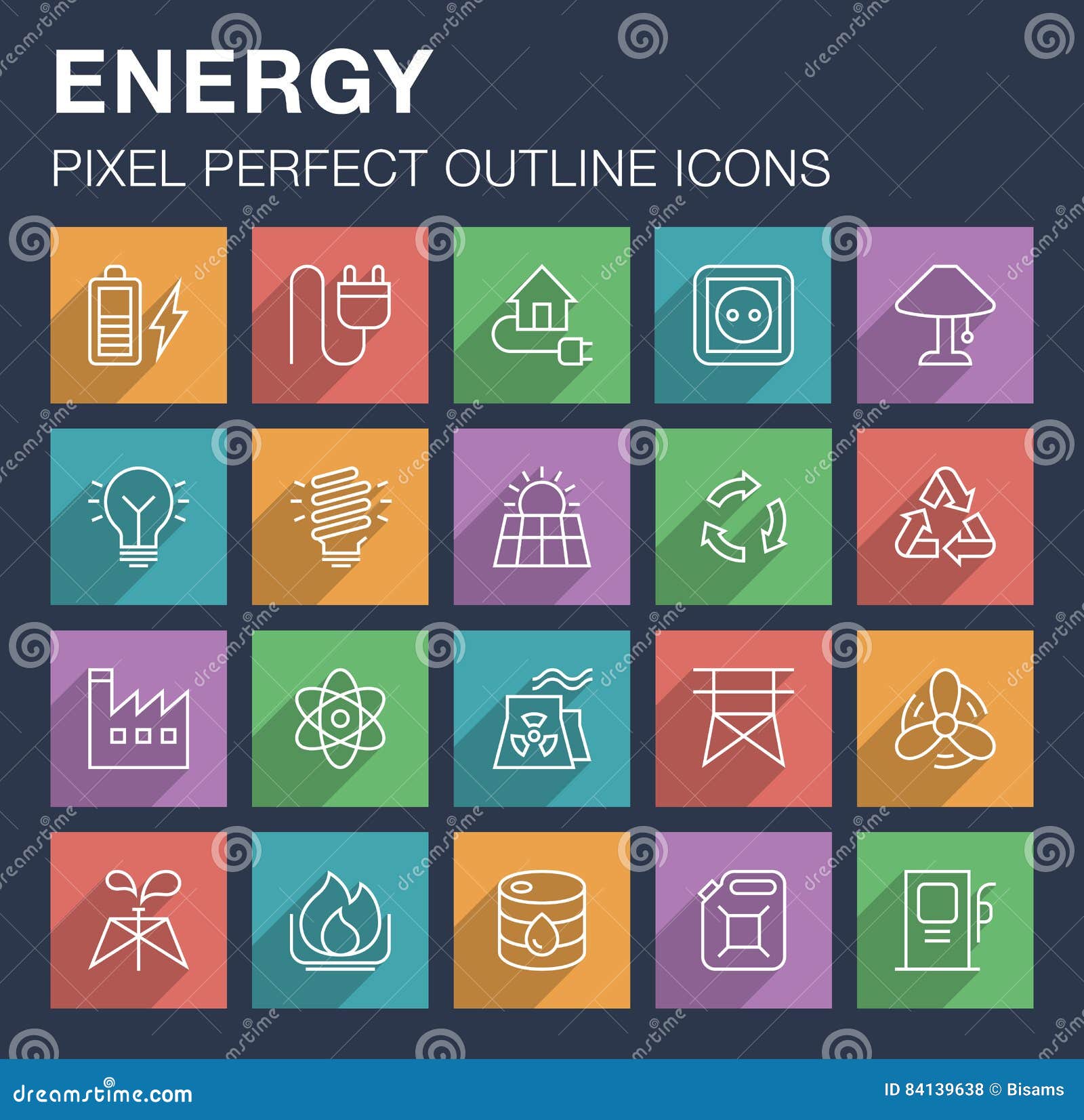 Set of Energy and Power Icons with Long Shadow. Stock Vector ...