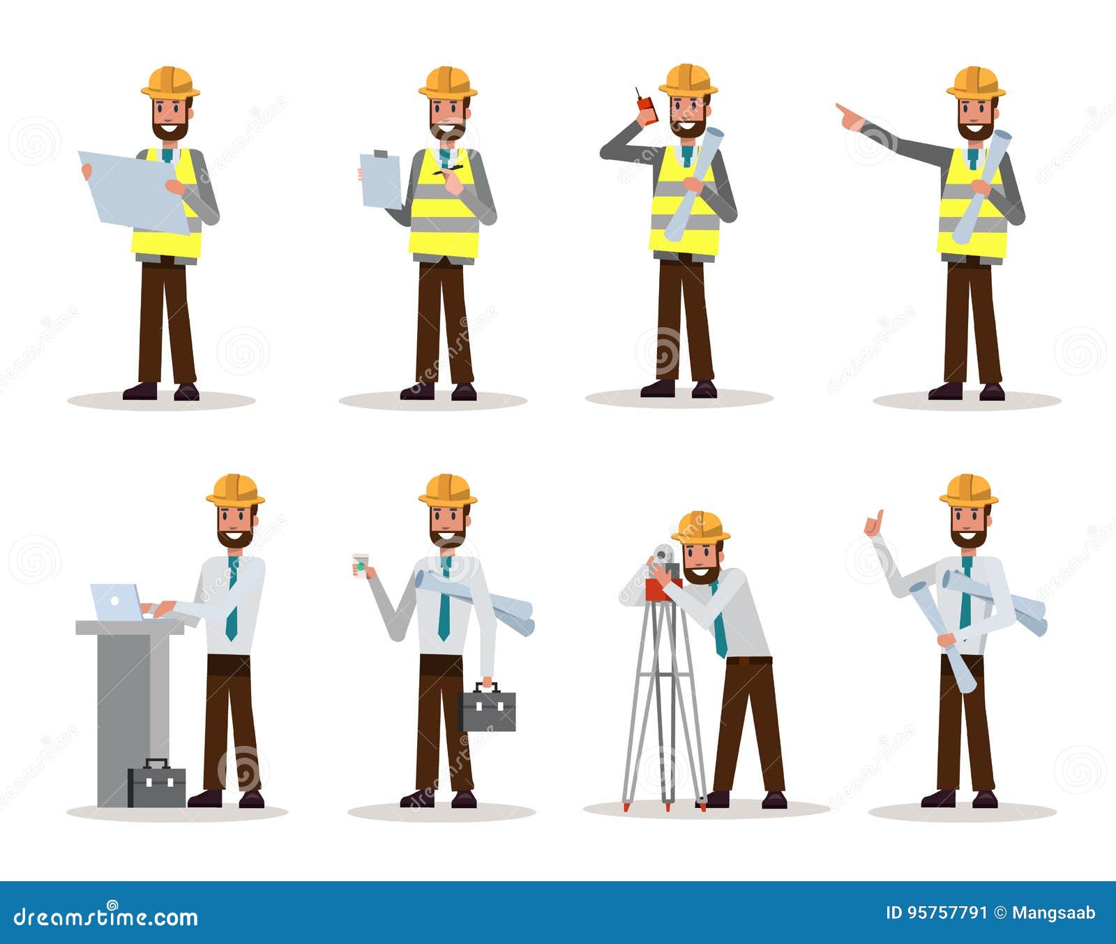 Set of Engineer Man Watching and Checking Details on a Construction ...