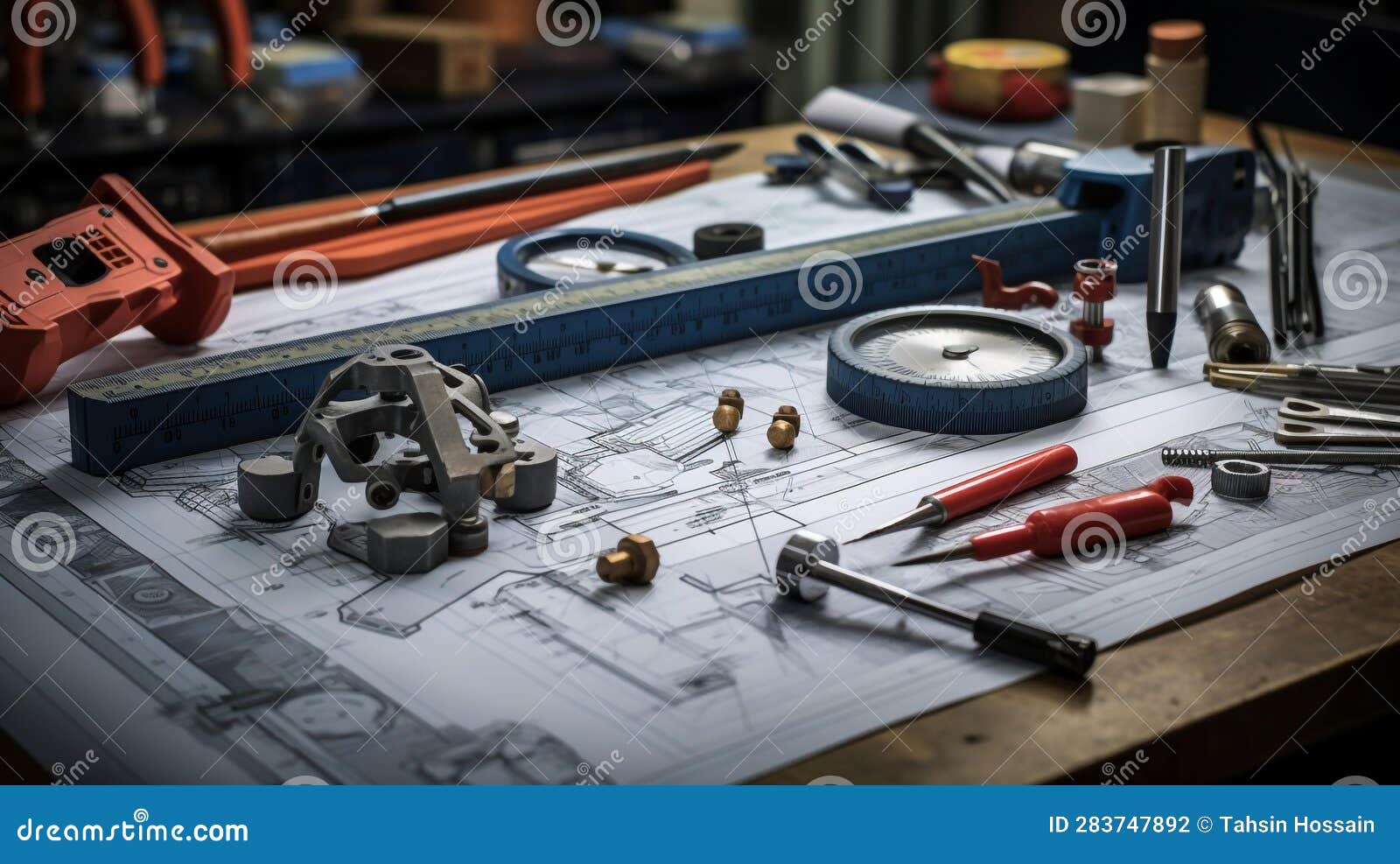 A Set of Engineer S Tools, Including a Measuring Tape, Level, Wrench ...