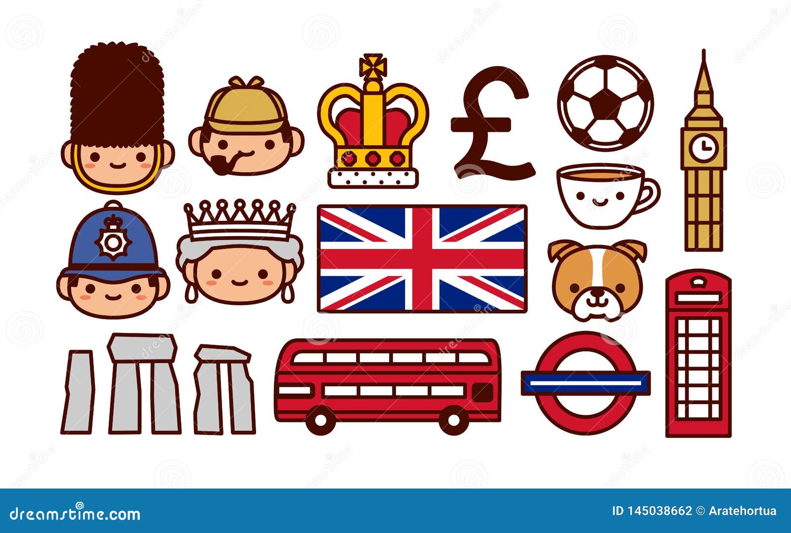 Set of England Cartoon Icons Isolated Stock Vector - Illustration of ...