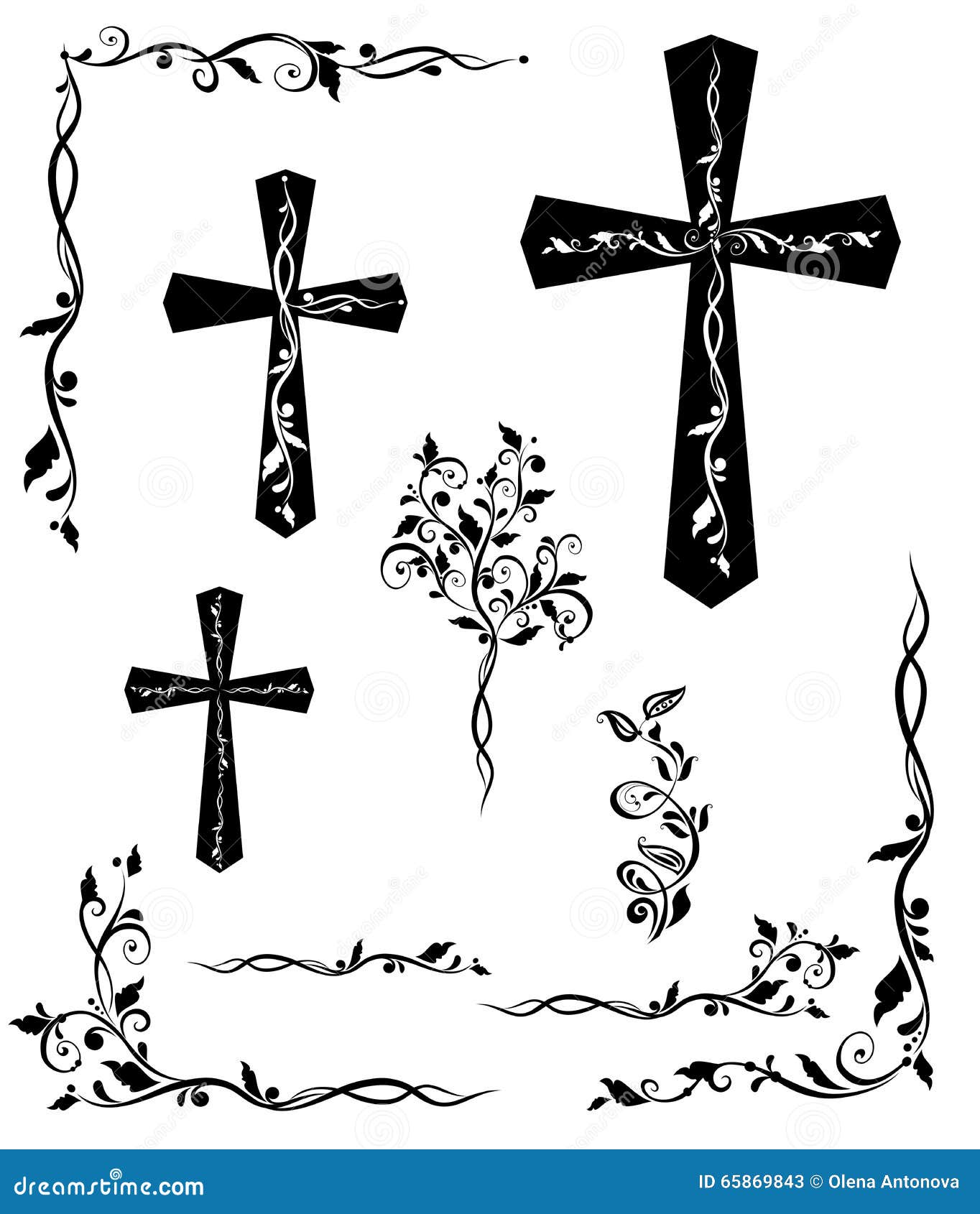 Set of Engraving Cross with Floral Pattern Stock Vector - Illustration ...