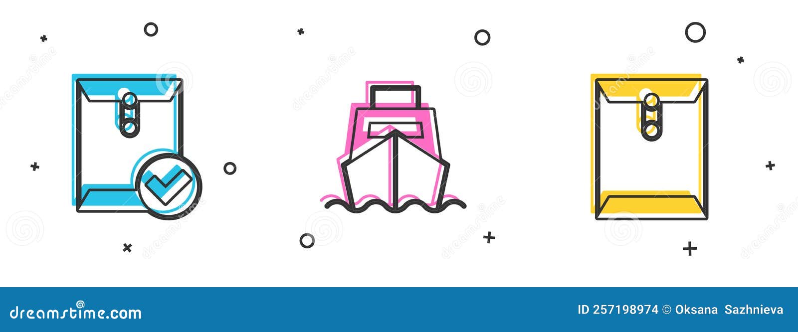 Set Envelope and Check Mark, Cargo Ship with Boxes Delivery and Icon ...