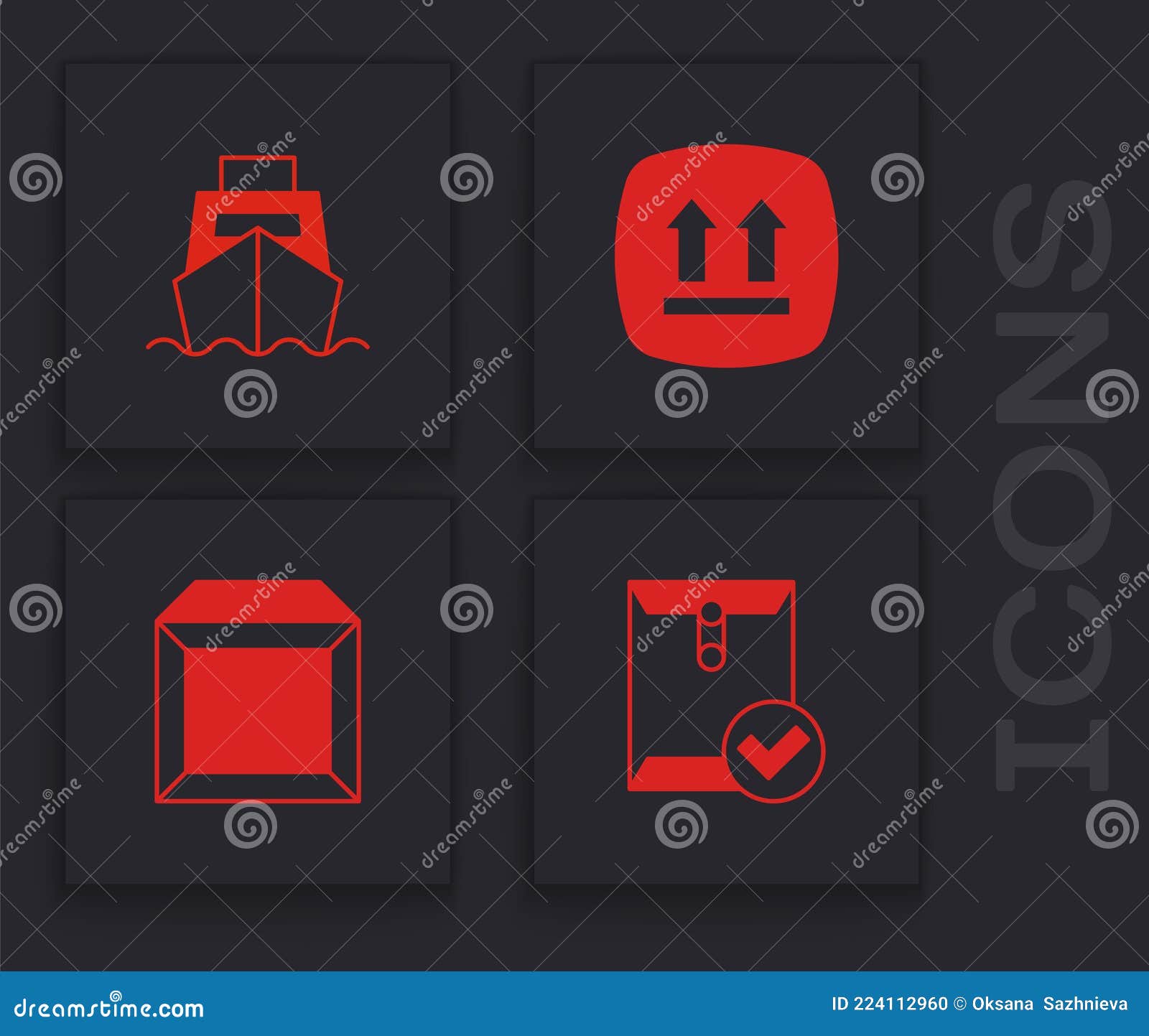 Set Envelope and Check Mark, Cargo Ship with Boxes Delivery, this Side ...
