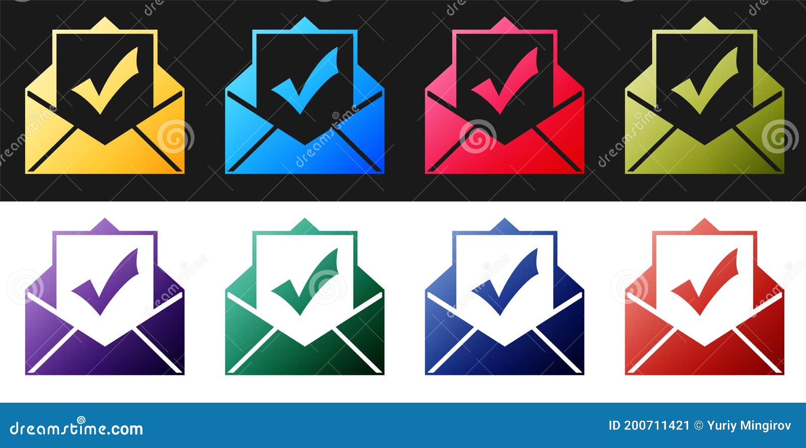 Set Envelope With Document And Check Mark Icon Isolated On Black And ...