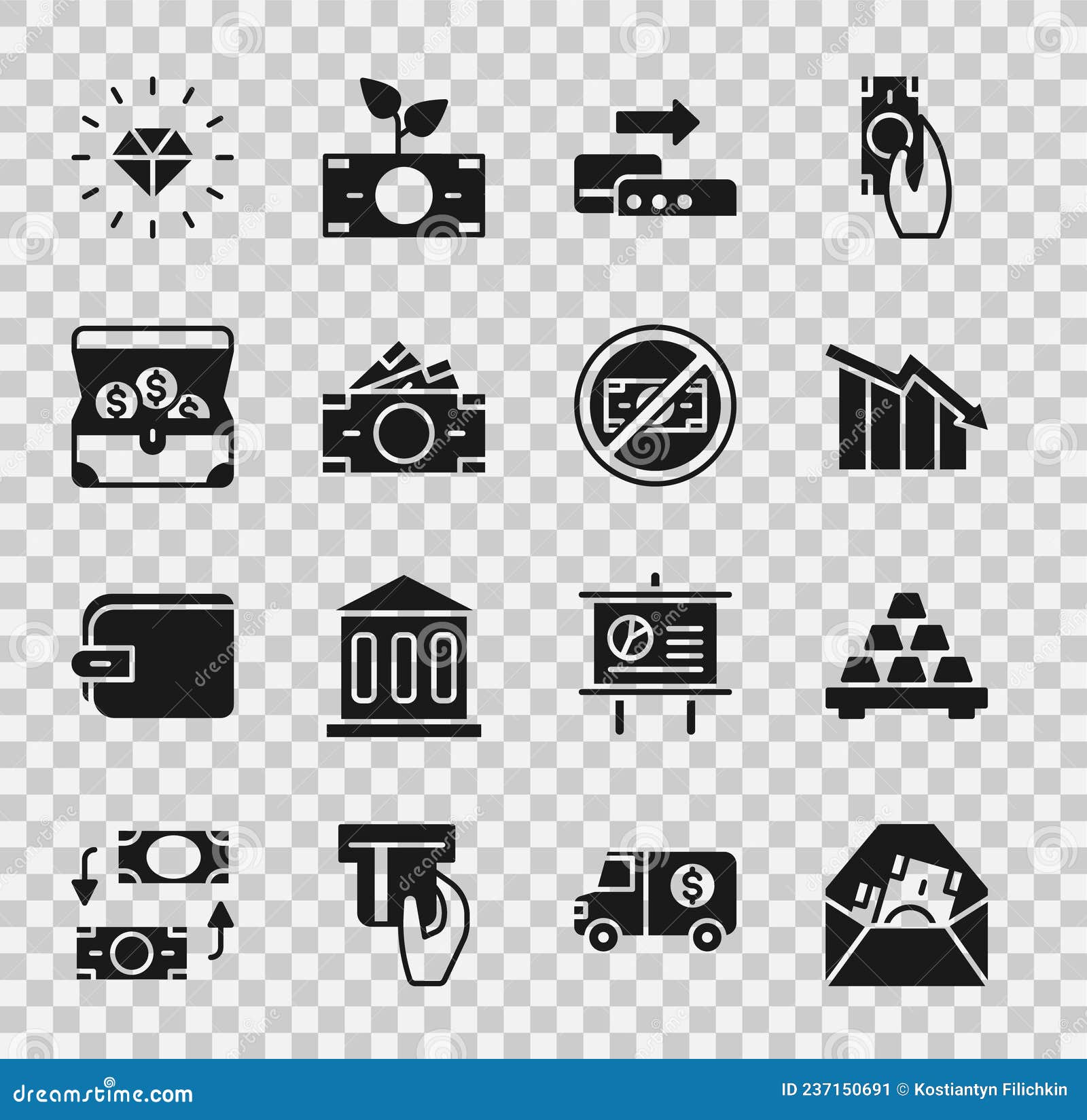 Set Envelope with Dollar Symbol, Gold Bars, Financial Growth Decrease, Pos Terminal, Stacks ...