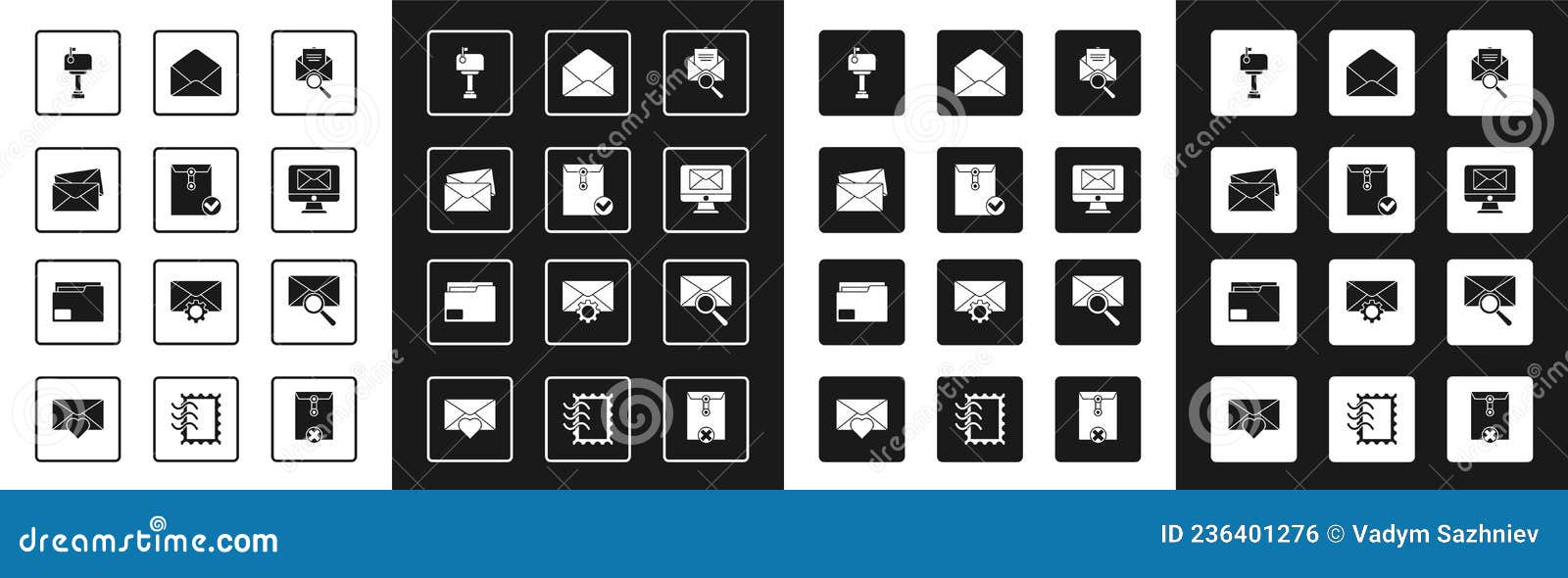 Set Envelope with Magnifying Glass, and Check Mark, Mail Box, Monitor ...