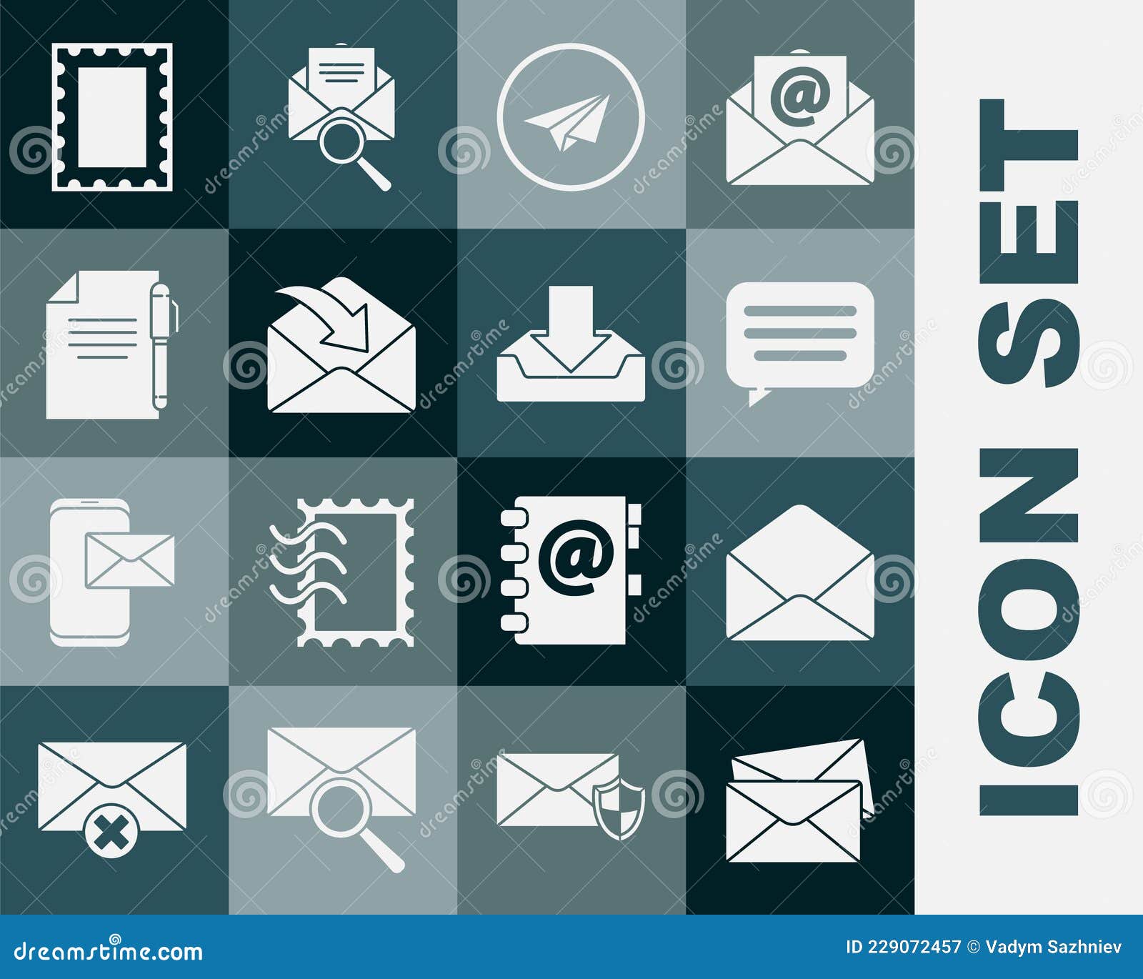 Set Envelope, Speech Bubble Chat, Paper Plane, Document and Pen, Postal Stamp and Download Inbox ...