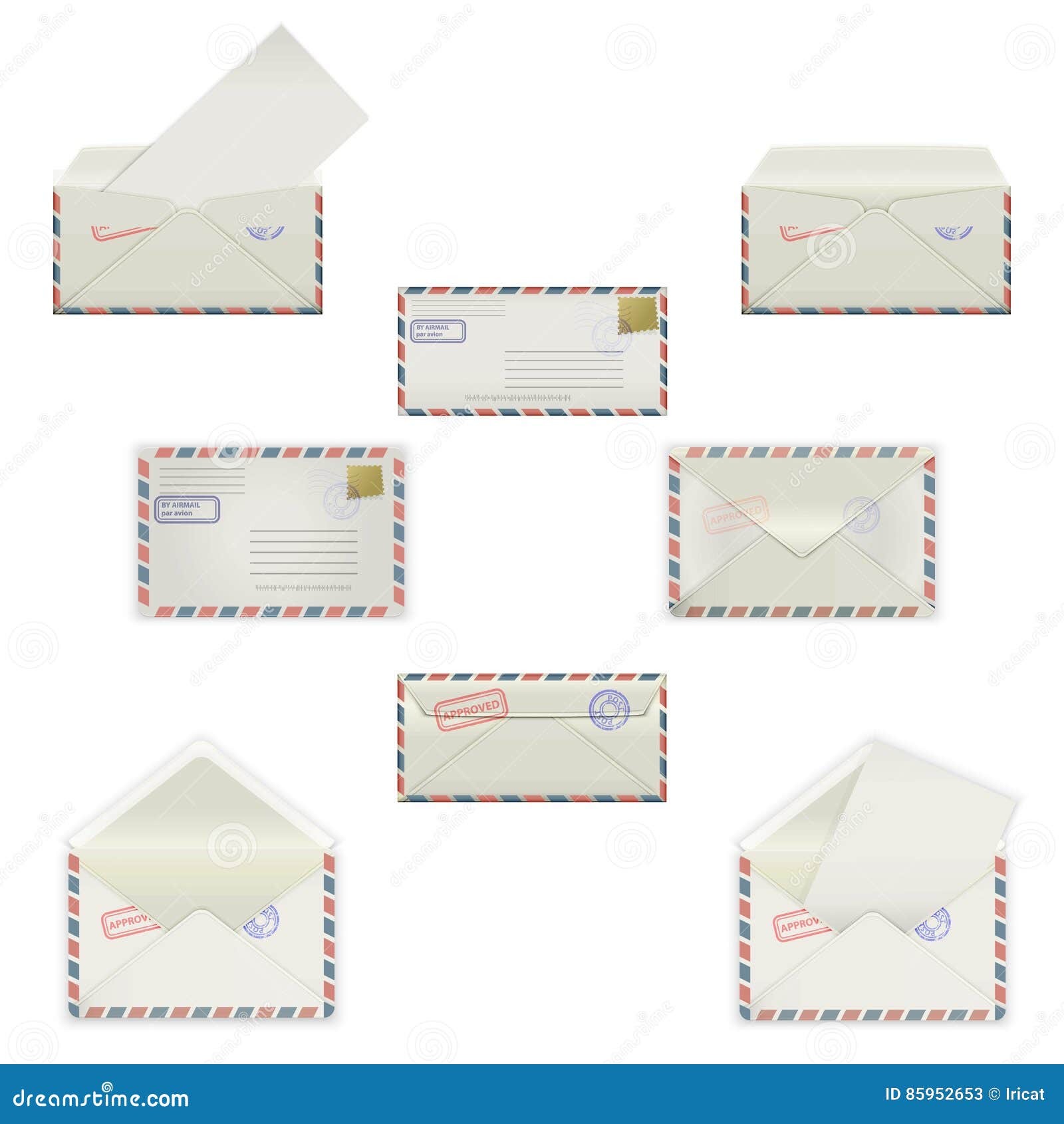 Set Envelopes of Various Formats with Postal Stamps on White Background ...