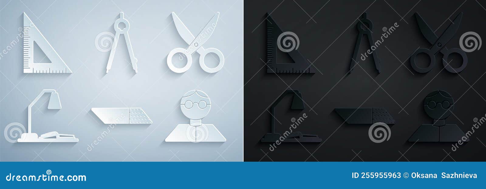 Set Eraser or Rubber, Scissors, Workplace with Table Lamp and Open Book ...