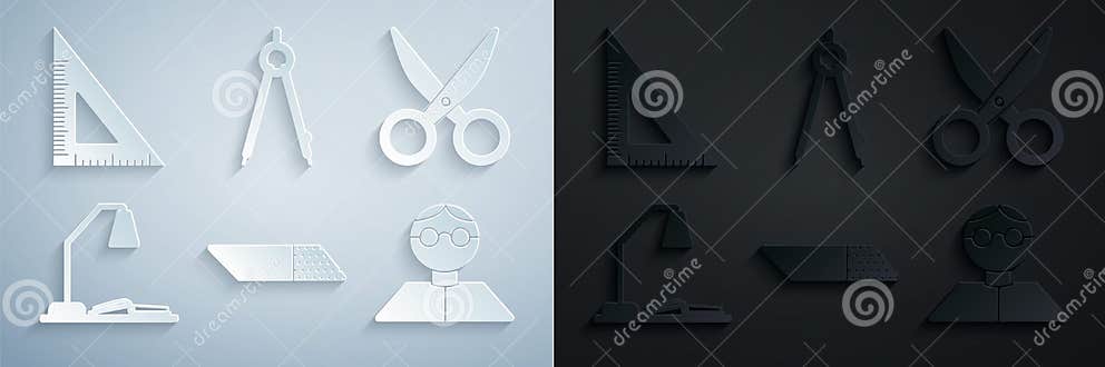 Set Eraser or Rubber, Scissors, Workplace with Table Lamp and Open Book ...