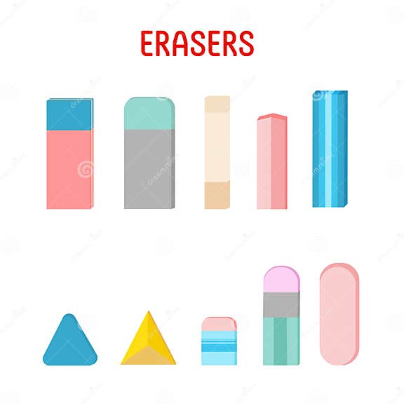 Set of Erasers of Different Color and Shape. Flat Vector Illustration ...