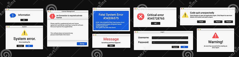 Set of Error Window Messages in Modern Style. Warning Notification Pop ...