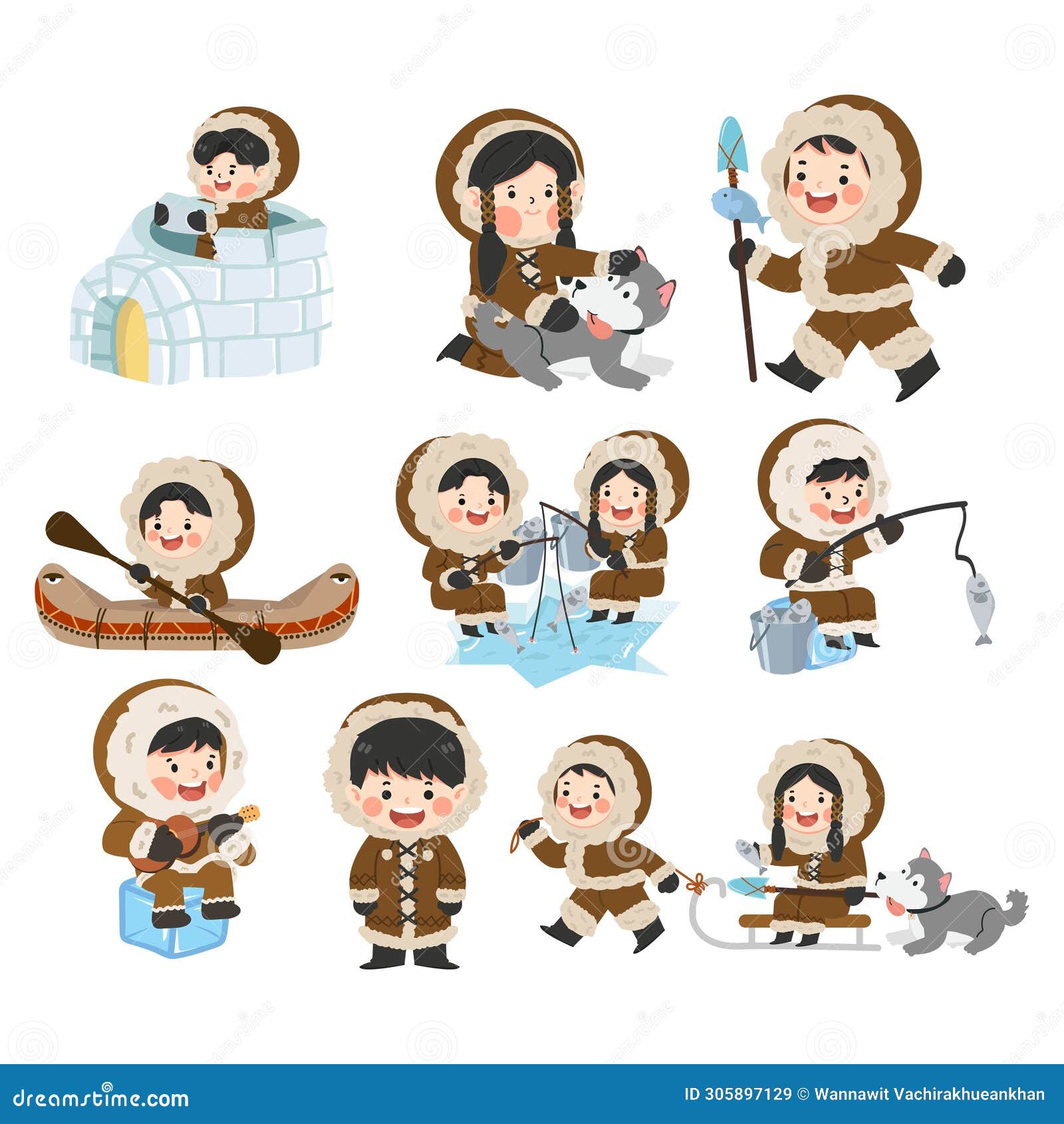 Eskimo Man Riding Husky Dog Sled. Musher In Winter Alaskan Clothes With ...