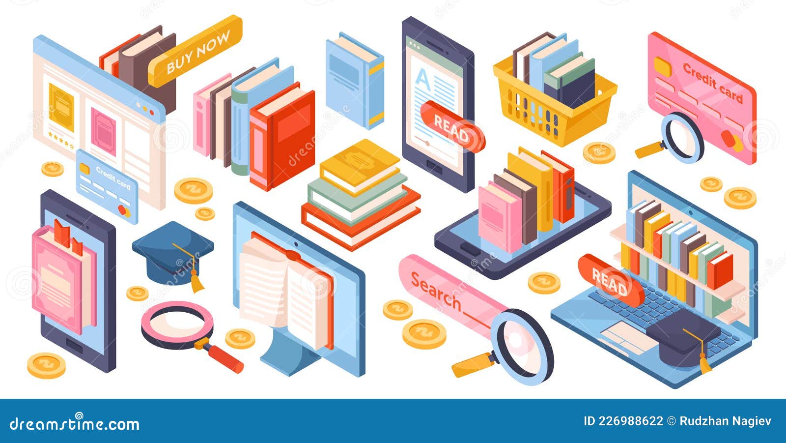 Set of Essential Library Reading Elements on White Background Stock ...